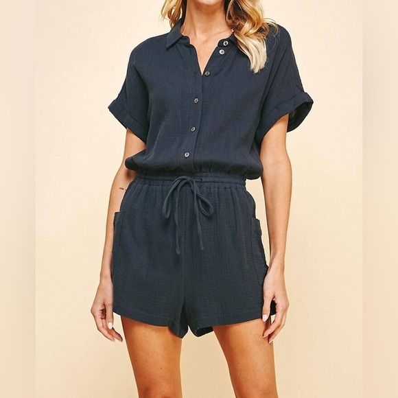 Pinch | Pants & Jumpsuits | Pinch Gauze Button Down Romper In Ink Gray ...